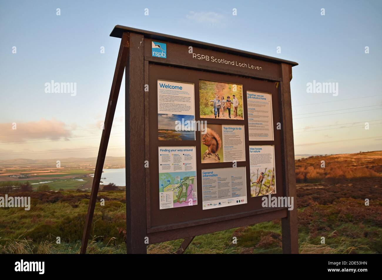 Information board at RSPB nature reserve, Loch Leven, Scotland. Also ...