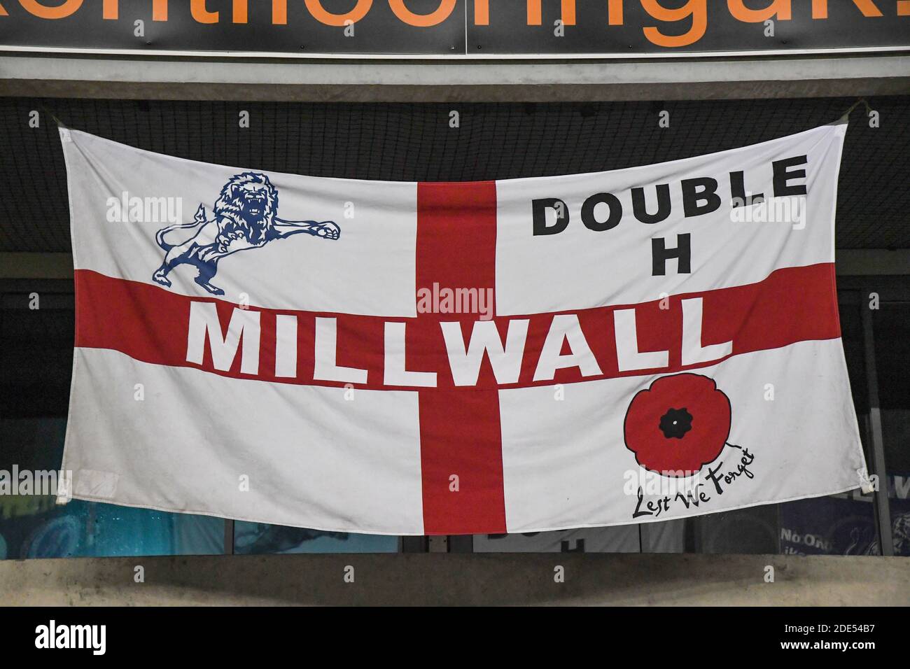 Millwall fans flags hanging up around the stadium Stock Photo - Alamy
