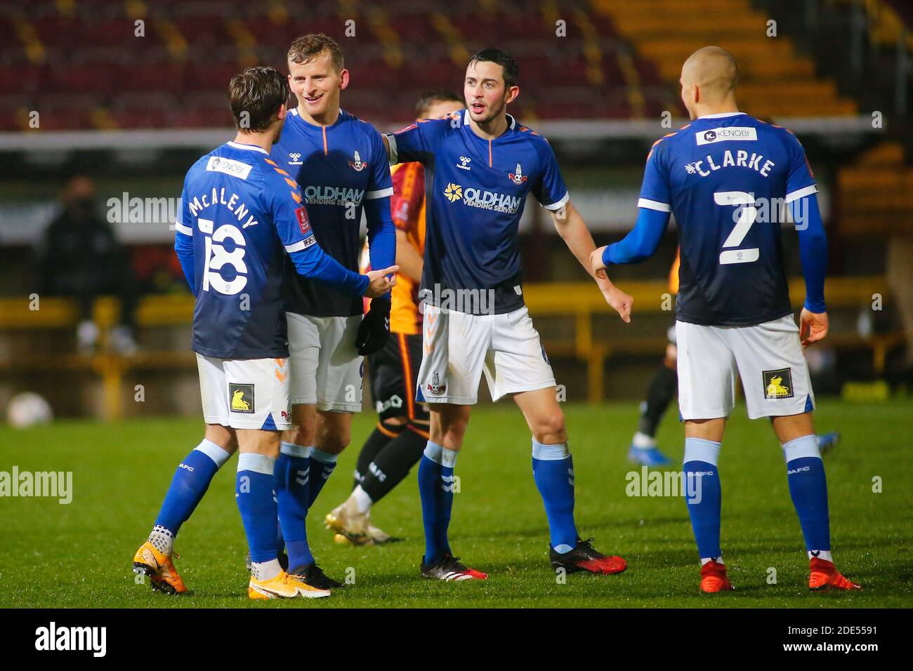 Celebration Danny Rowe #9 (C) of Oldham Athletic celebrates scoring the ...