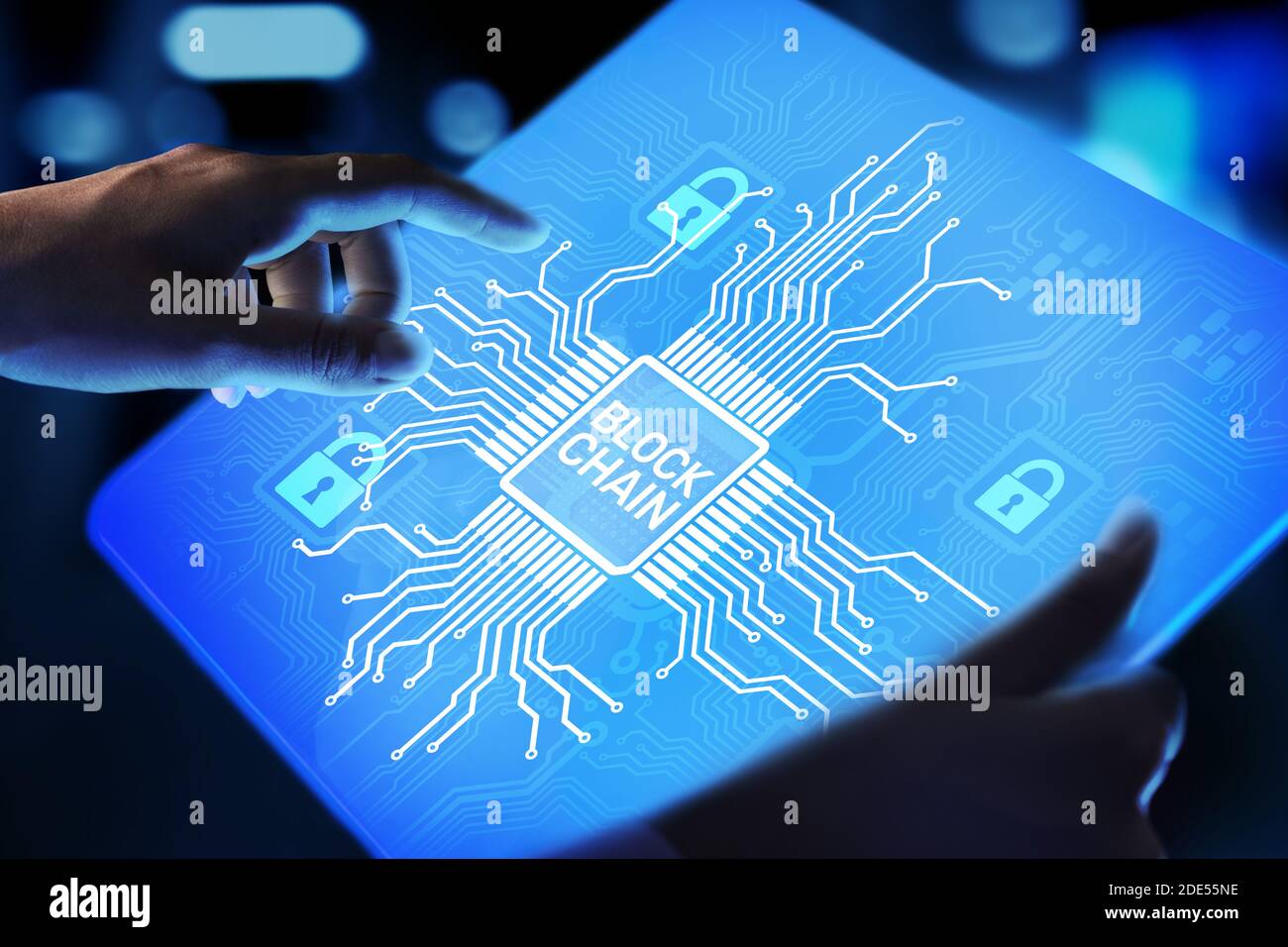 Blockchain technology concept on virtual screen. Cryptography and ...