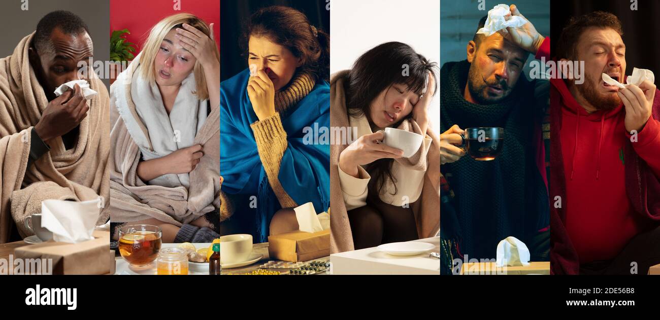 Danger. Young people wrapped in a plaid looks sick, ill, sneezing and ...