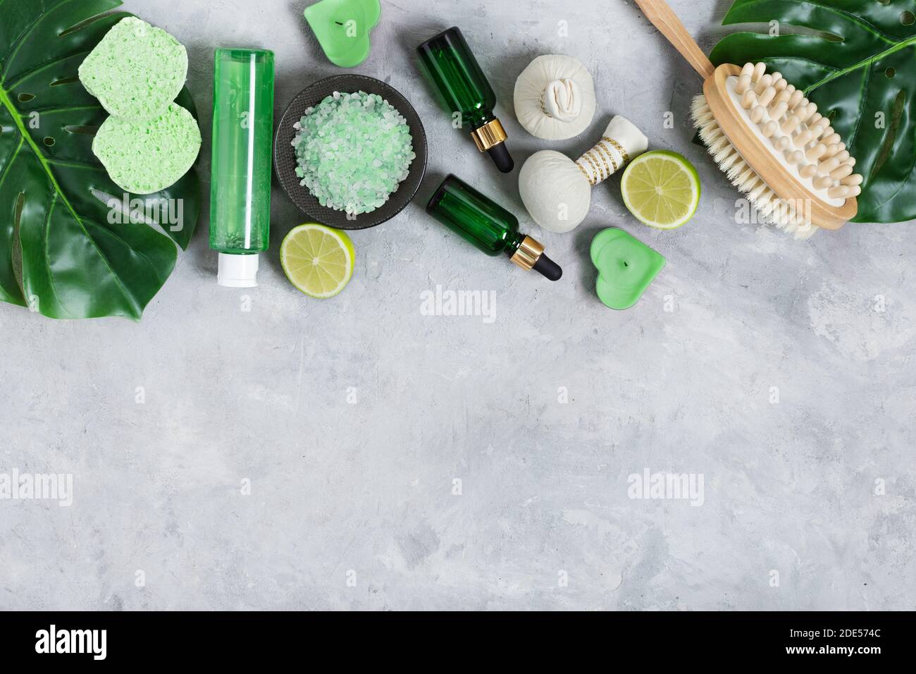 Organic lemon spa products for massage and skin care top view on grey ...