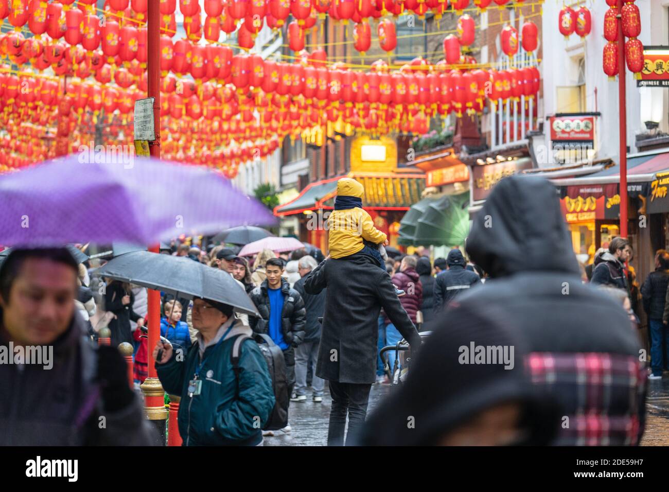 London, January 26, 2020. London Chinatown street scene on a rainy day ...