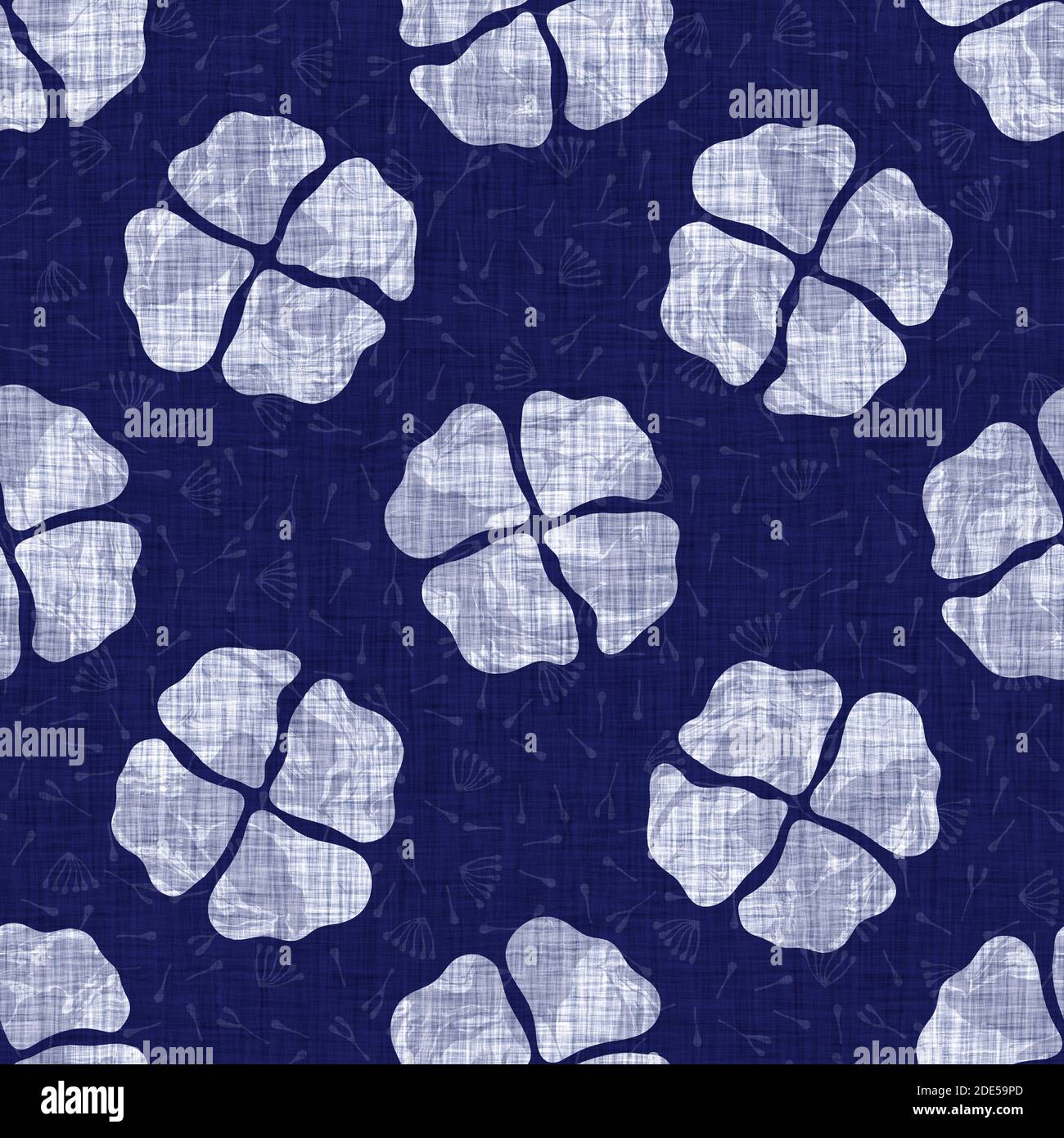 Indigo blue flower block print dyed linen texture background. Seamless ...