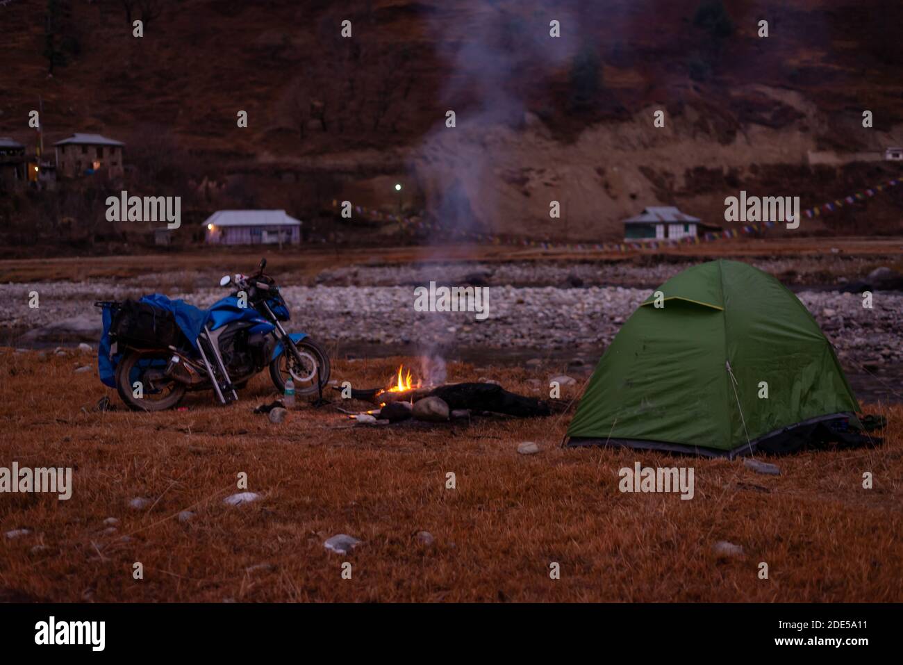 Photo of Motorcycle camping cooking bonfire in sangti valley arunachal ...
