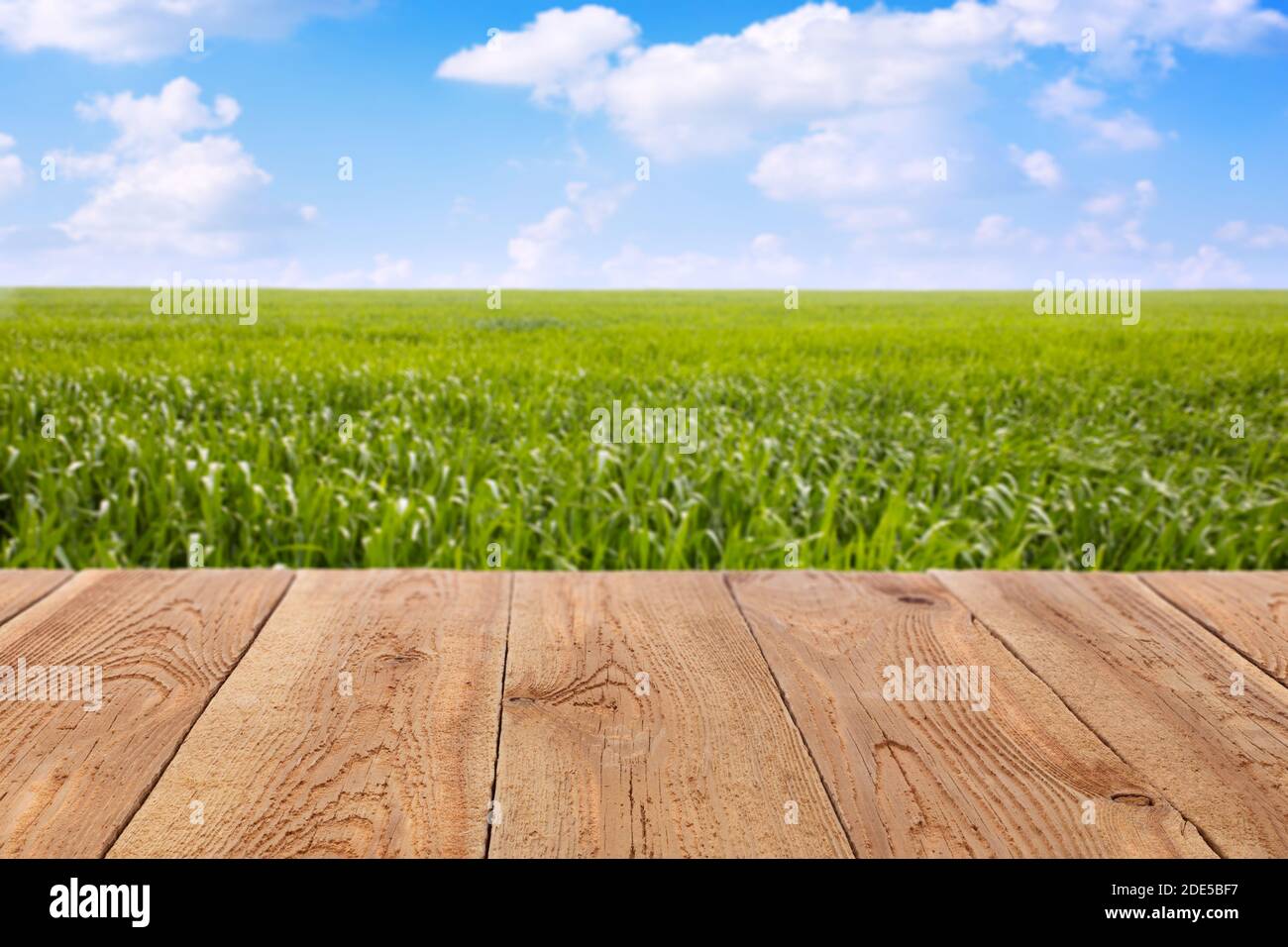 wooden table against green grass and blue sky Stock Photo - Alamy