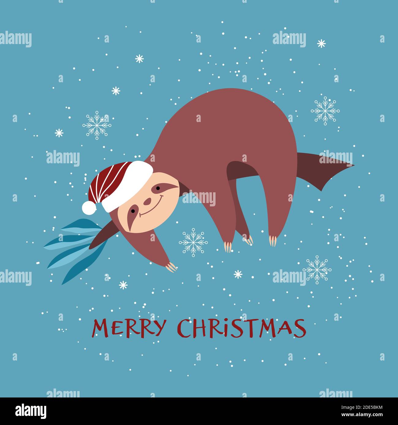Christmas card with cute cartoon sloth in Santa hat. Vector ...