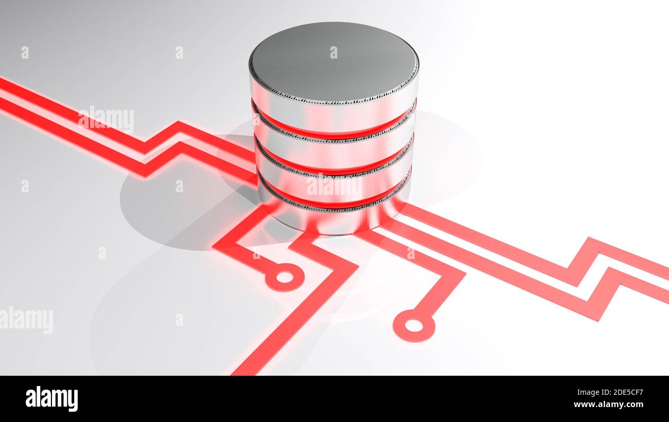 DATABASE technology concept image with metallic disks and red light ...