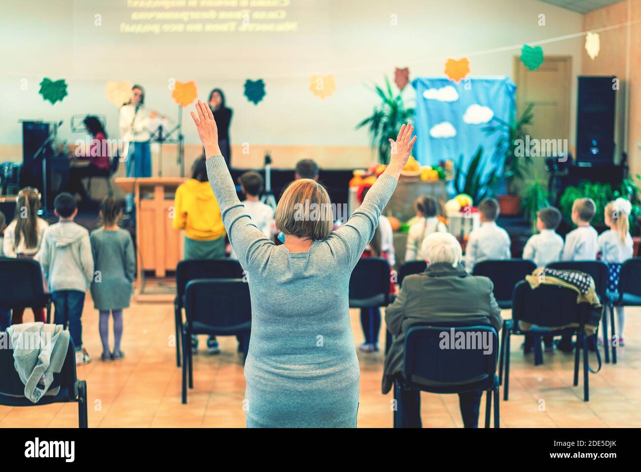 People praying in a church. soft focus of christian people group raise ...