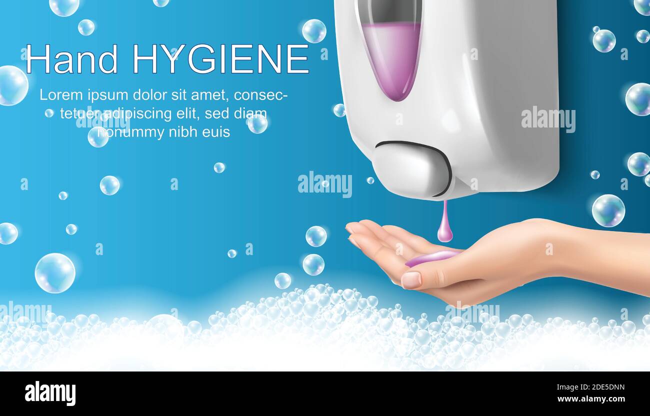 Vector realistic hygiene banner with woman hand taking liquid soap from ...