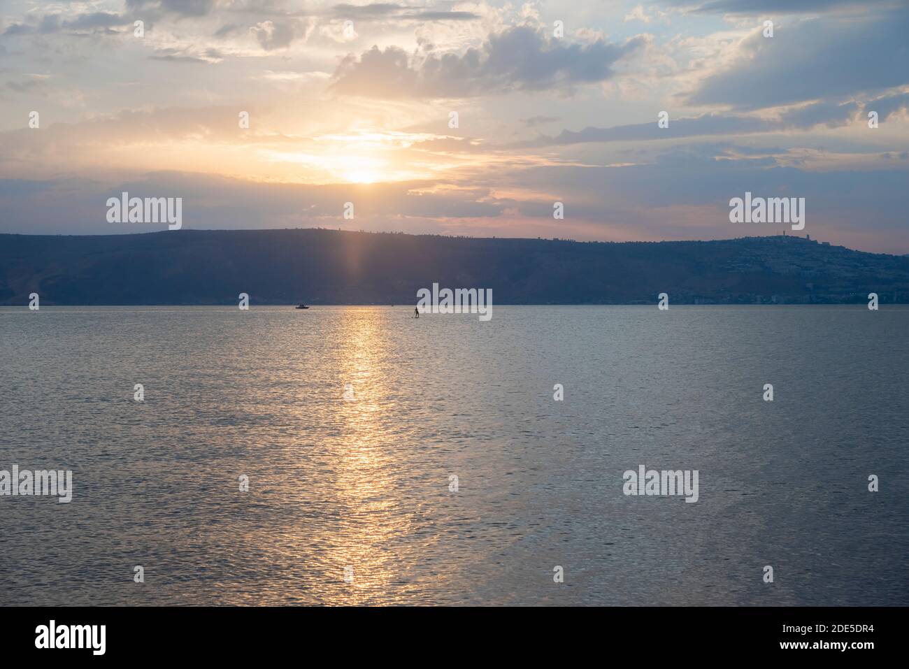 Sunset over the Sea of Galilee and Golan Heights. Lake Tiberias ...