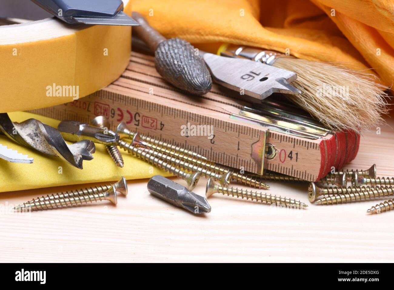 Group of tools on wooden boards Stock Photo - Alamy