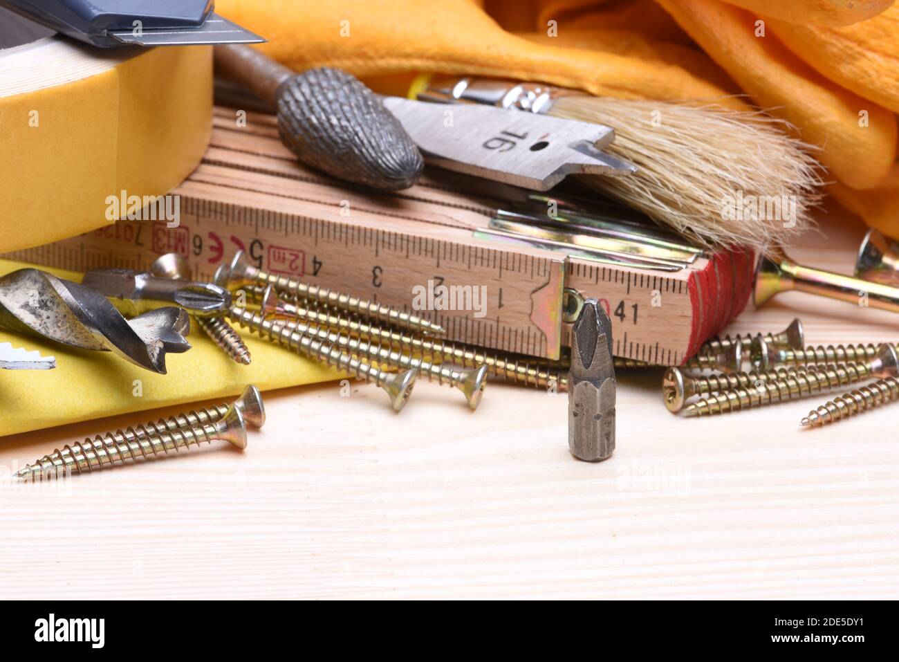Group of tools on wooden boards Stock Photo - Alamy