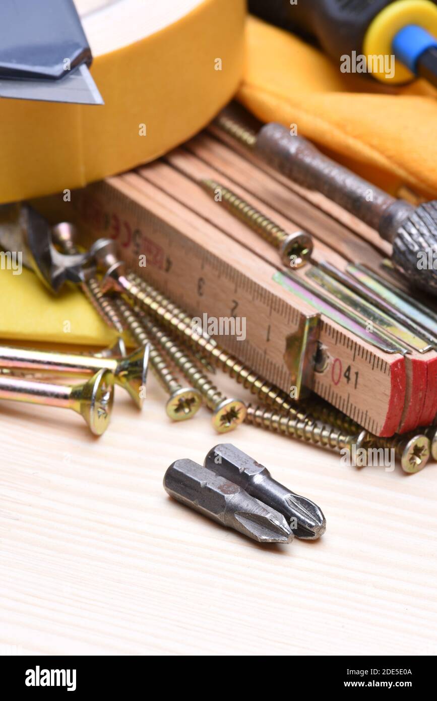 Group of tools on wooden boards Stock Photo - Alamy