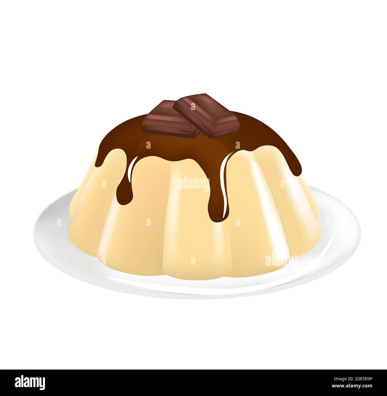 Vanilla pudding with chocolate topping and chocolate cubes on the top ...