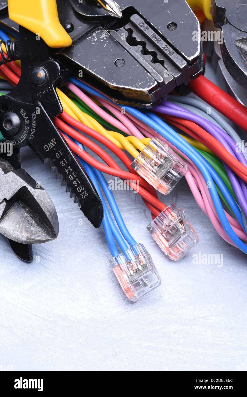 Set of tools for electrician and electrical cables Stock Photo - Alamy