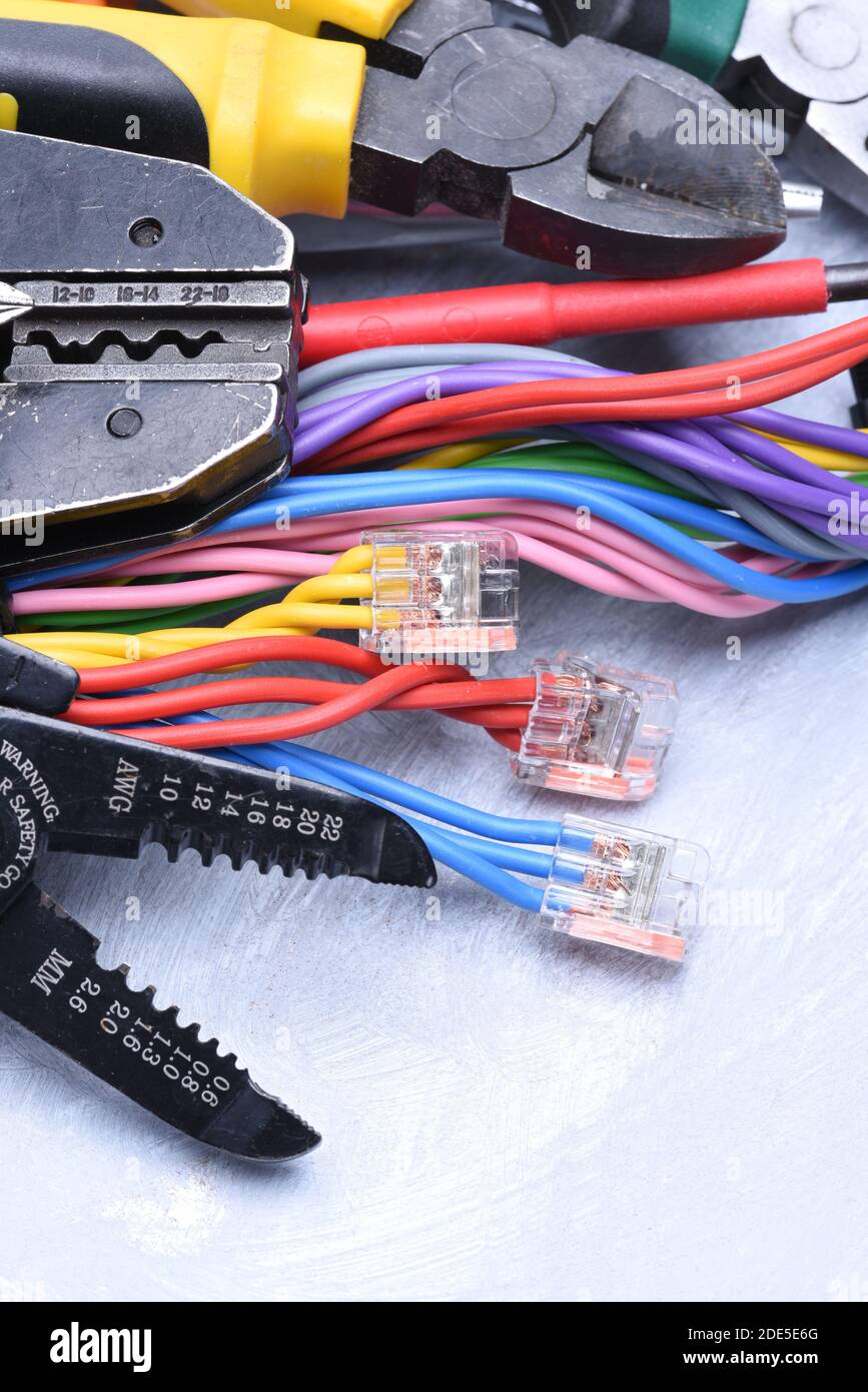 Set of tools for electrician and electrical cables Stock Photo - Alamy