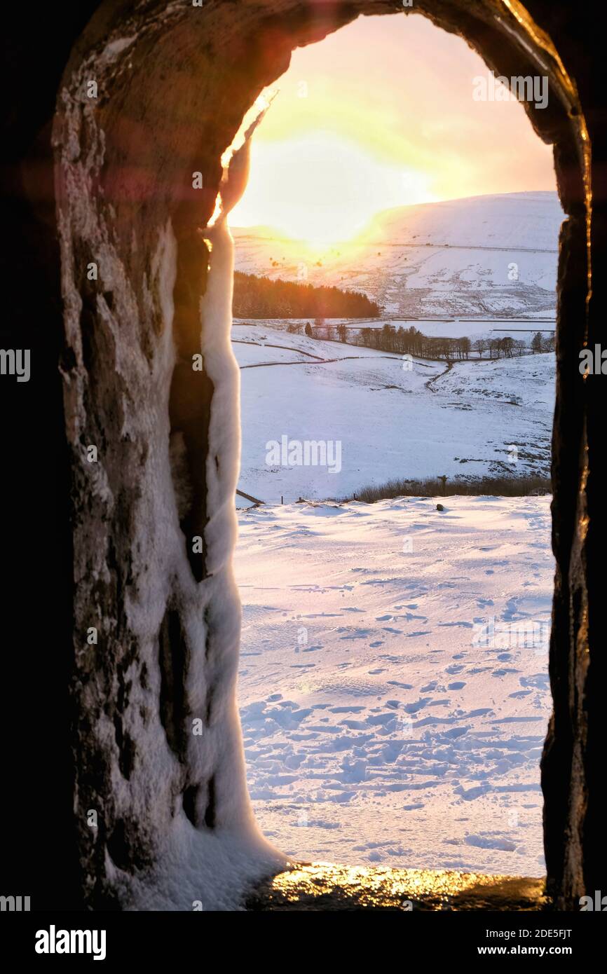 A view towards setting sun through Solomon's Temple window on a winters ...