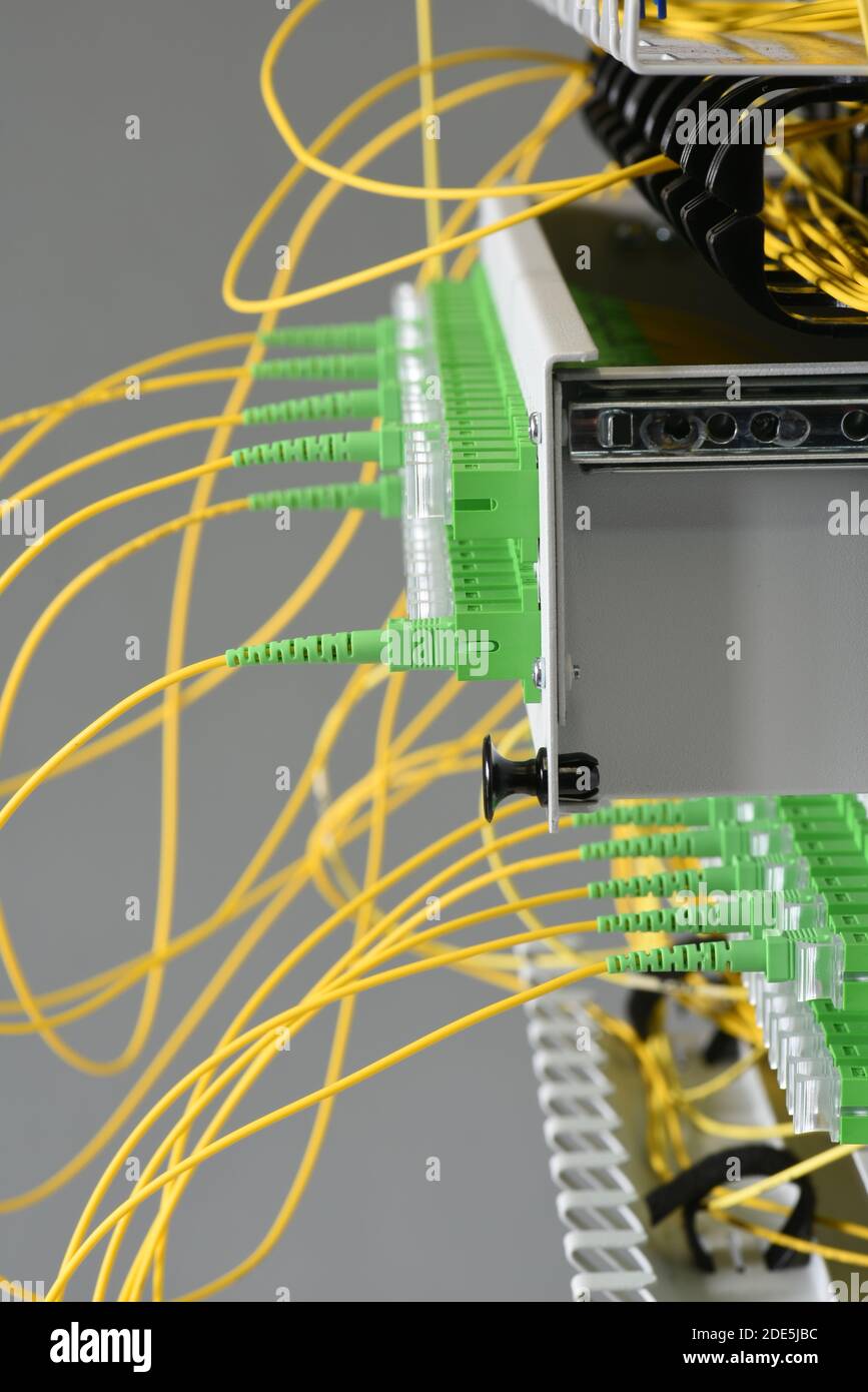Fiber optical distribution panel switch with cables in server room ...