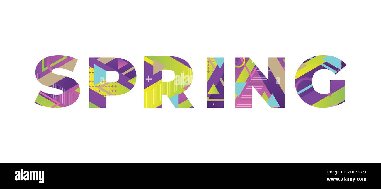 The word SPRING concept written in colorful retro shapes and colors ...