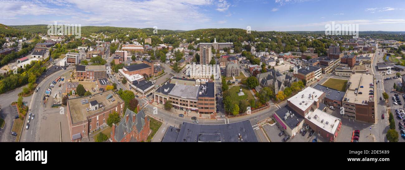 Fitchburg city downtown panorama aerial view on Main Street in fall ...