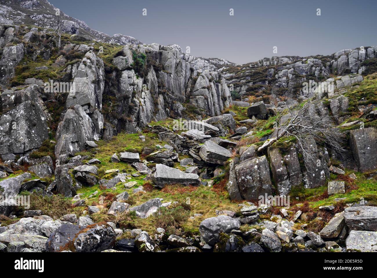 Shown here is the rocky terrain in the Nant Ffrancon valley situated ...