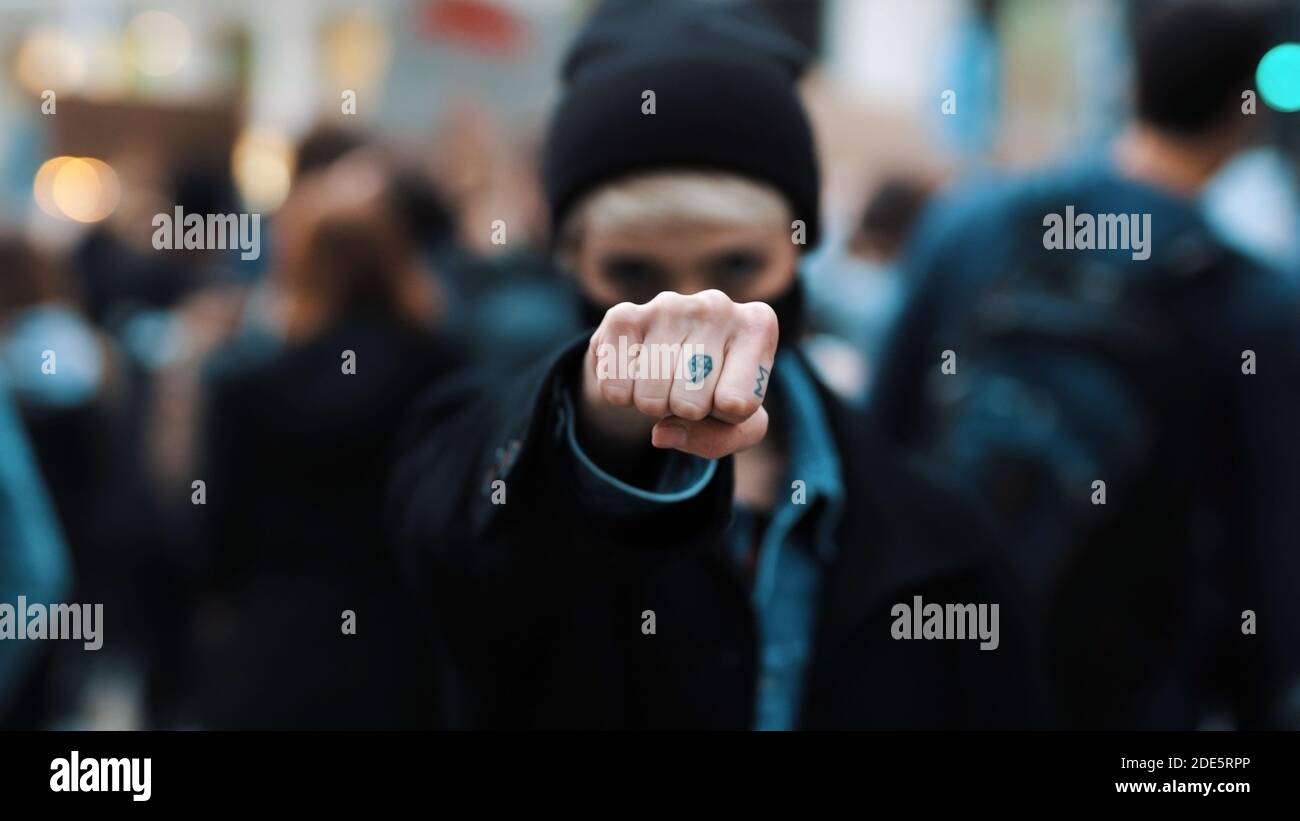 Portrait of fighting young angry rebellion women on the demonstrations ...