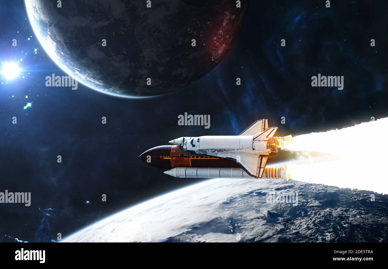 Deep space. Space shuttle orbiting planet in light of blue star Stock ...