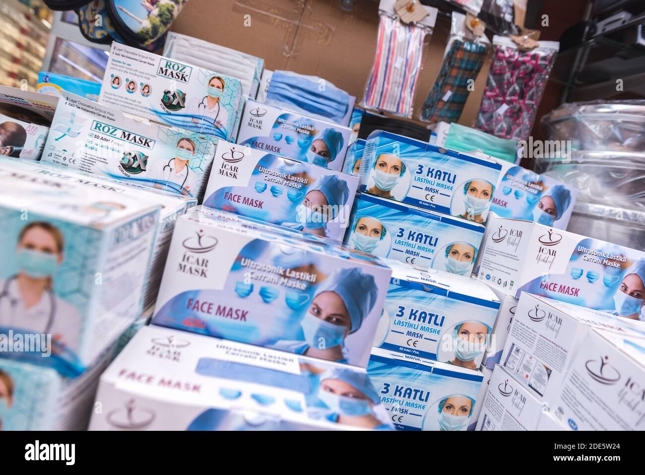 Many boxed of different kind Disposable Masks are sold in the ...