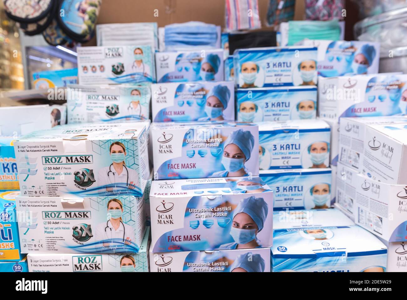 Many boxed of different kind Disposable Masks are sold in the ...