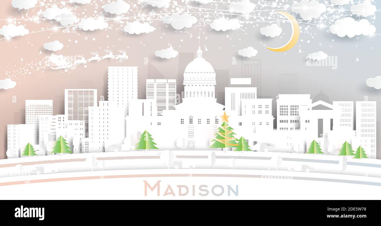 Madison Wisconsin City Skyline in Paper Cut Style with Snowflakes, Moon ...