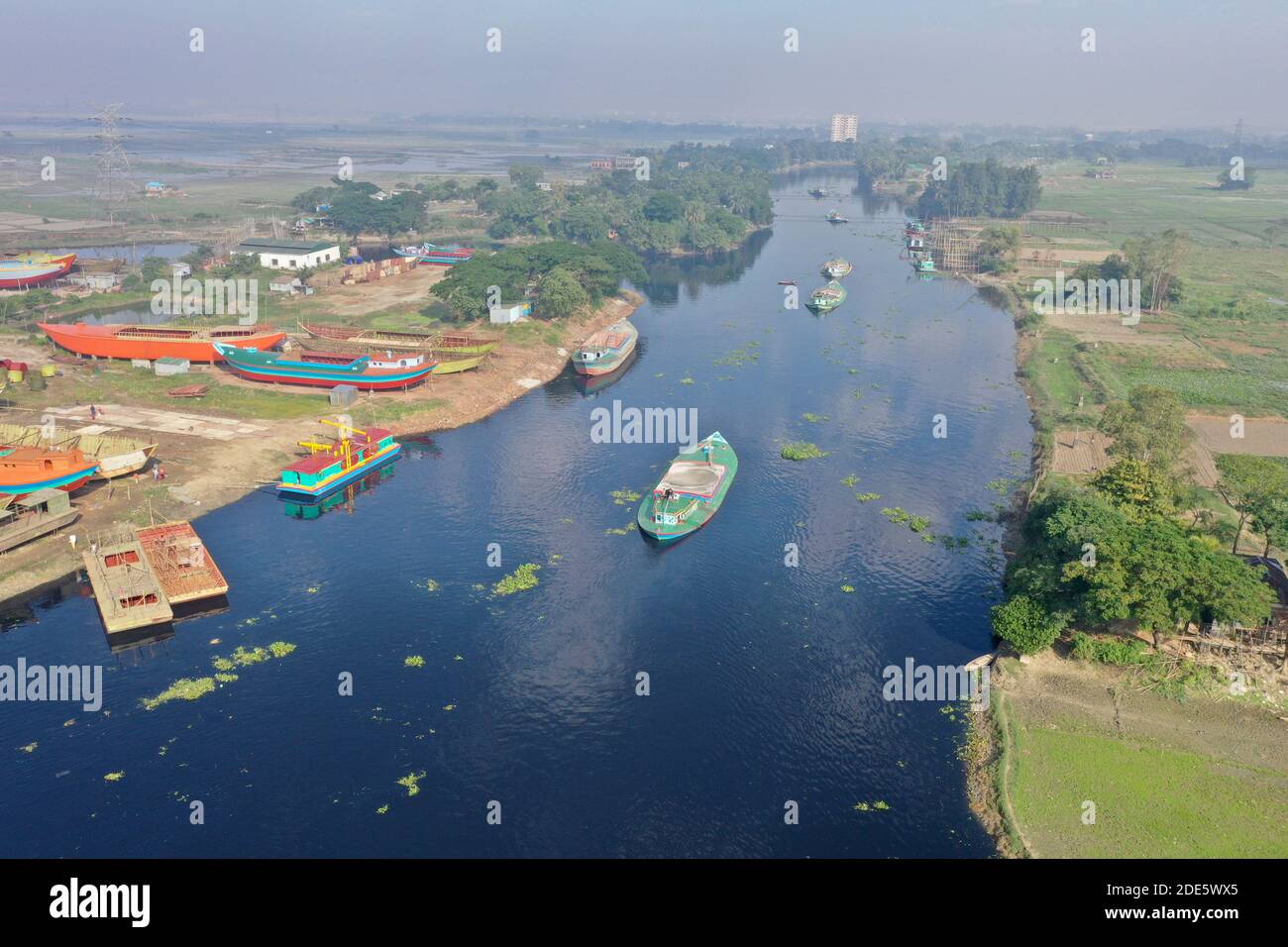 DHAKA, BANGLADESH - November 28, 2020: A top view of the Balu River ...