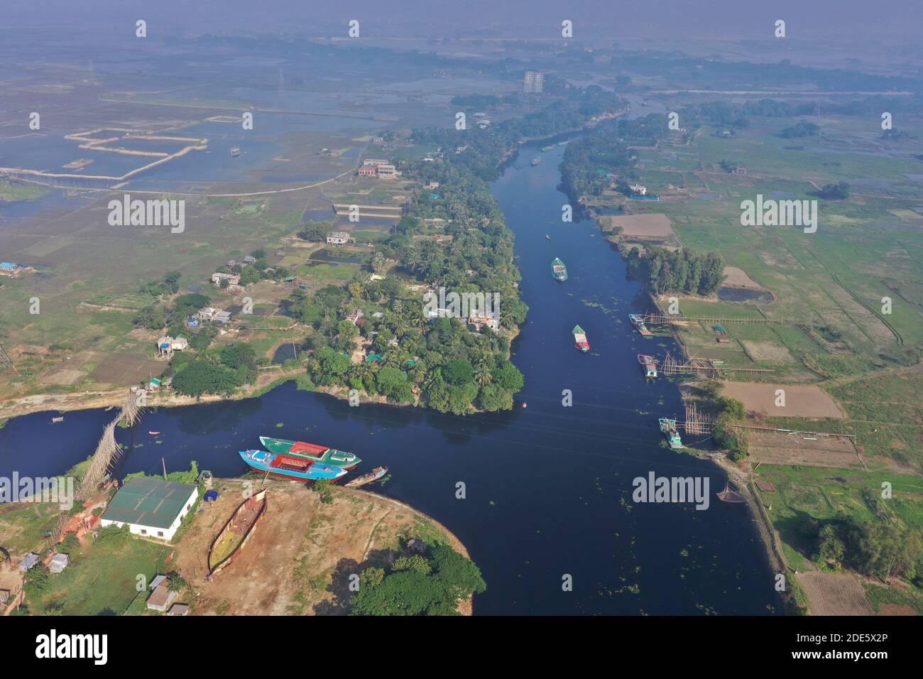 DHAKA, BANGLADESH - November 28, 2020: A top view of the Balu River ...