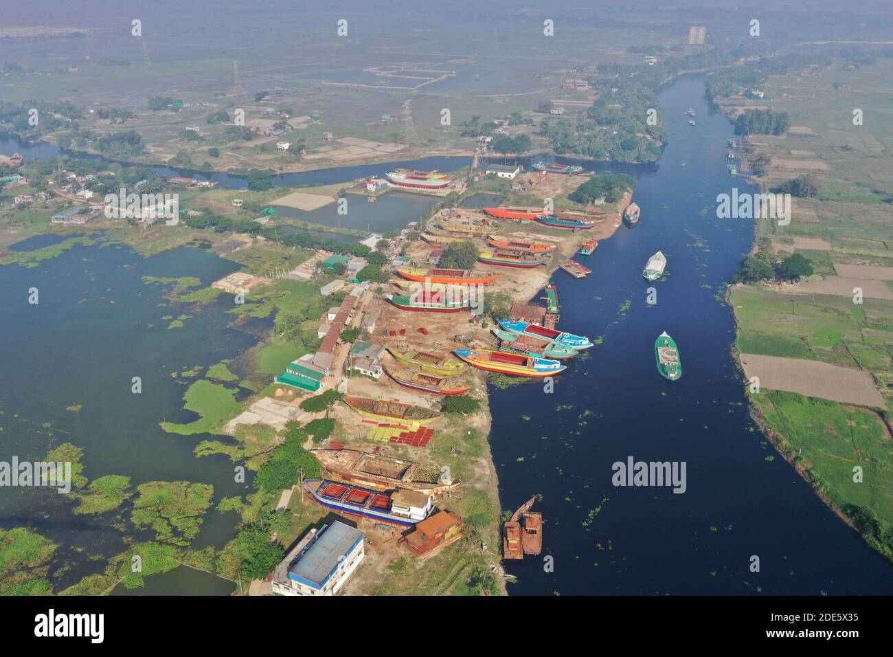 DHAKA, BANGLADESH - November 28, 2020: A top view of the Balu River ...