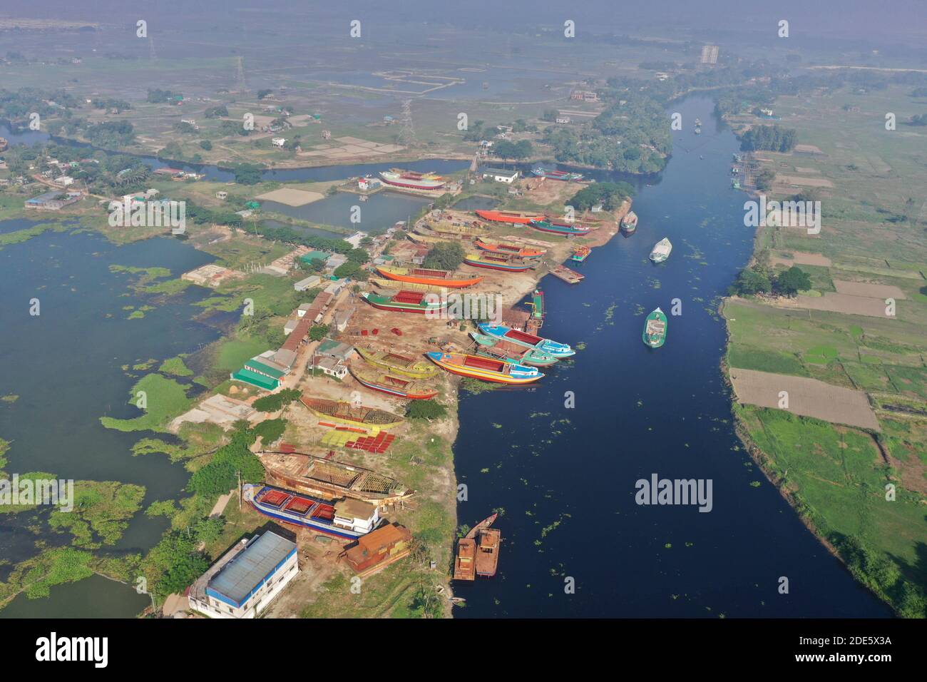 DHAKA, BANGLADESH - November 28, 2020: A top view of the Balu River ...