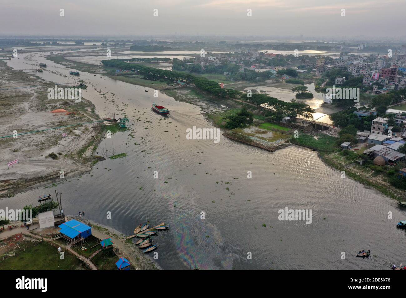DHAKA, BANGLADESH - November 28, 2020: A top view of the Balu River ...