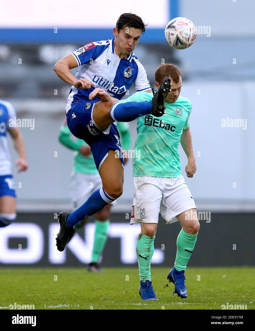 Bristol Rovers' Josh Hare (left) and Darlington's Adam Campbell battle ...