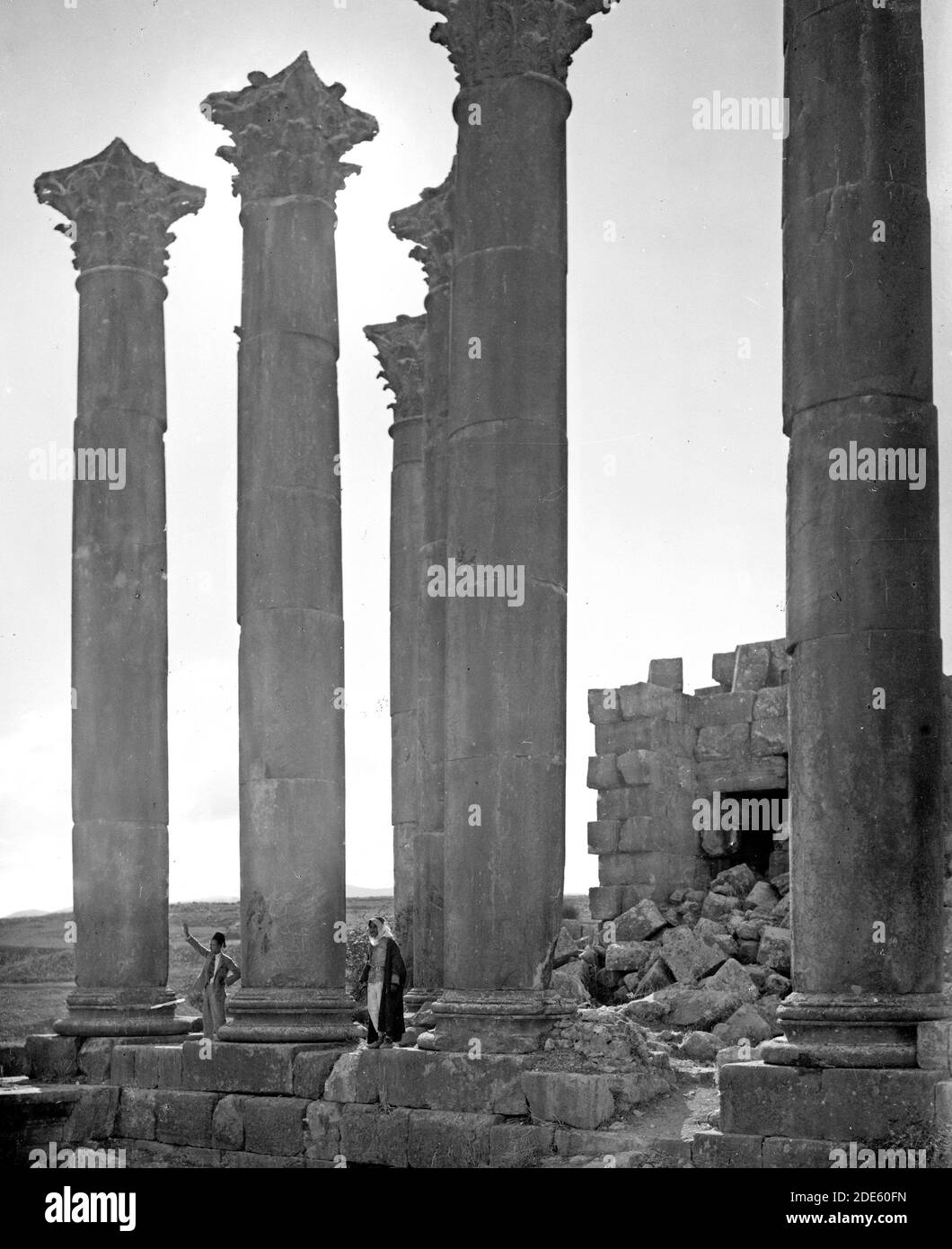 Ruins of Jerash (Gerasa). Pillars of Artemis. An evening silhouette ca ...