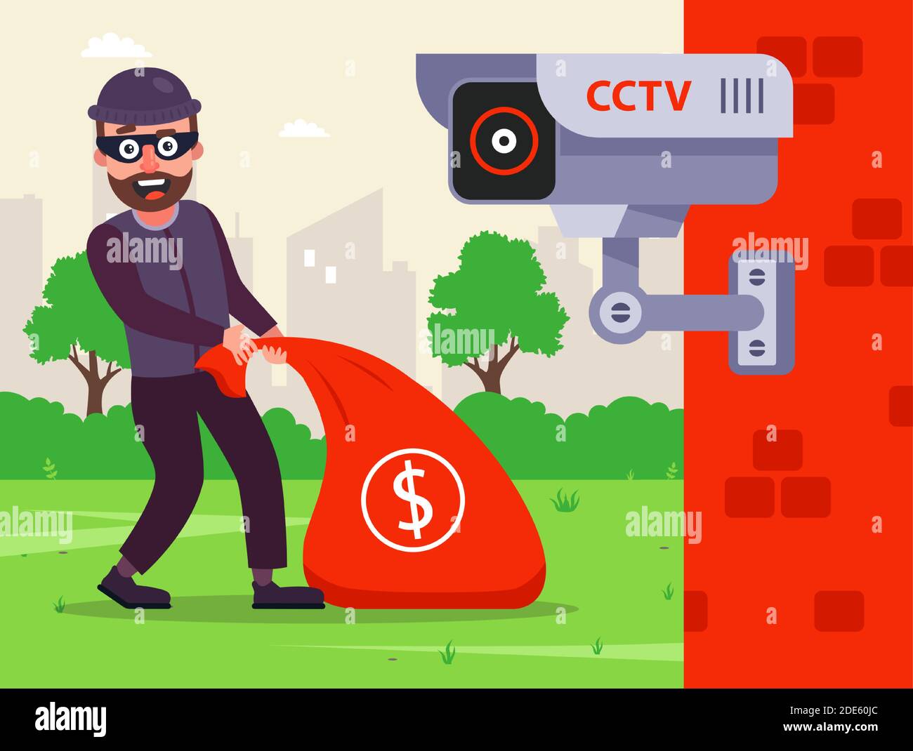 fixing a crime with a hidden camera. male robber with a bag of money ...