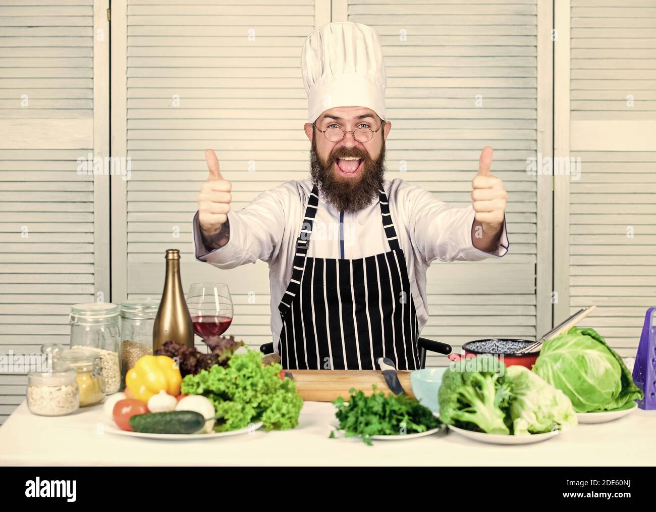 Get ready. Man bearded chef getting ready cooking delicious dish. Chef ...