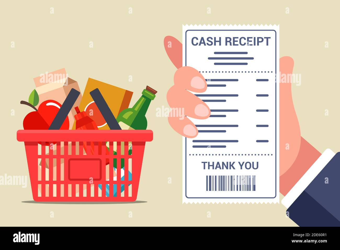 checking a check from a grocery store. full basket with fresh food ...