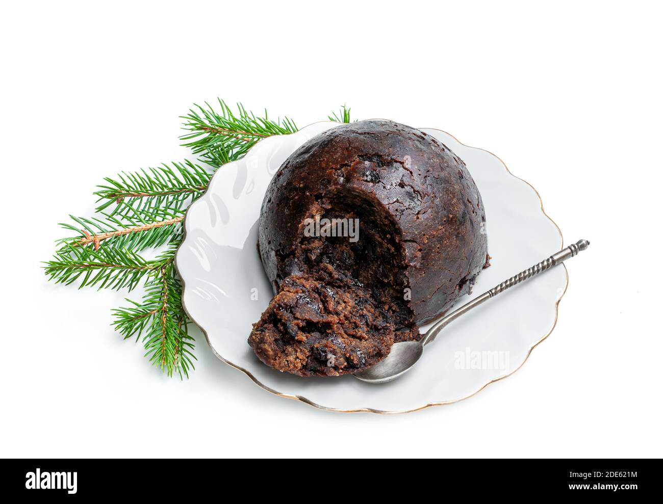 Traditional festive christmas pudding isolated on white Stock Photo - Alamy