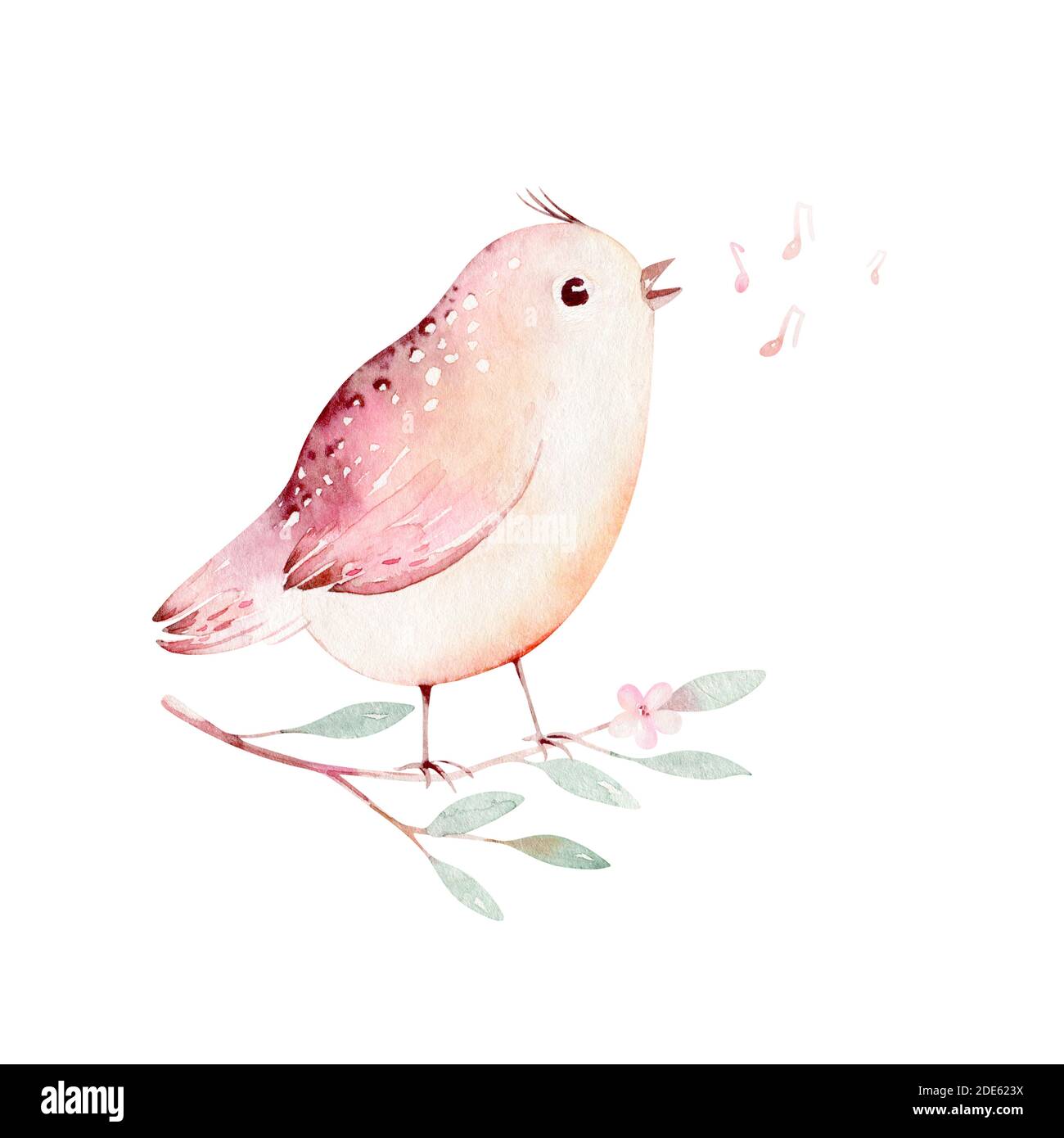 Spring bird on blooming branch with green leaves and flowers ...