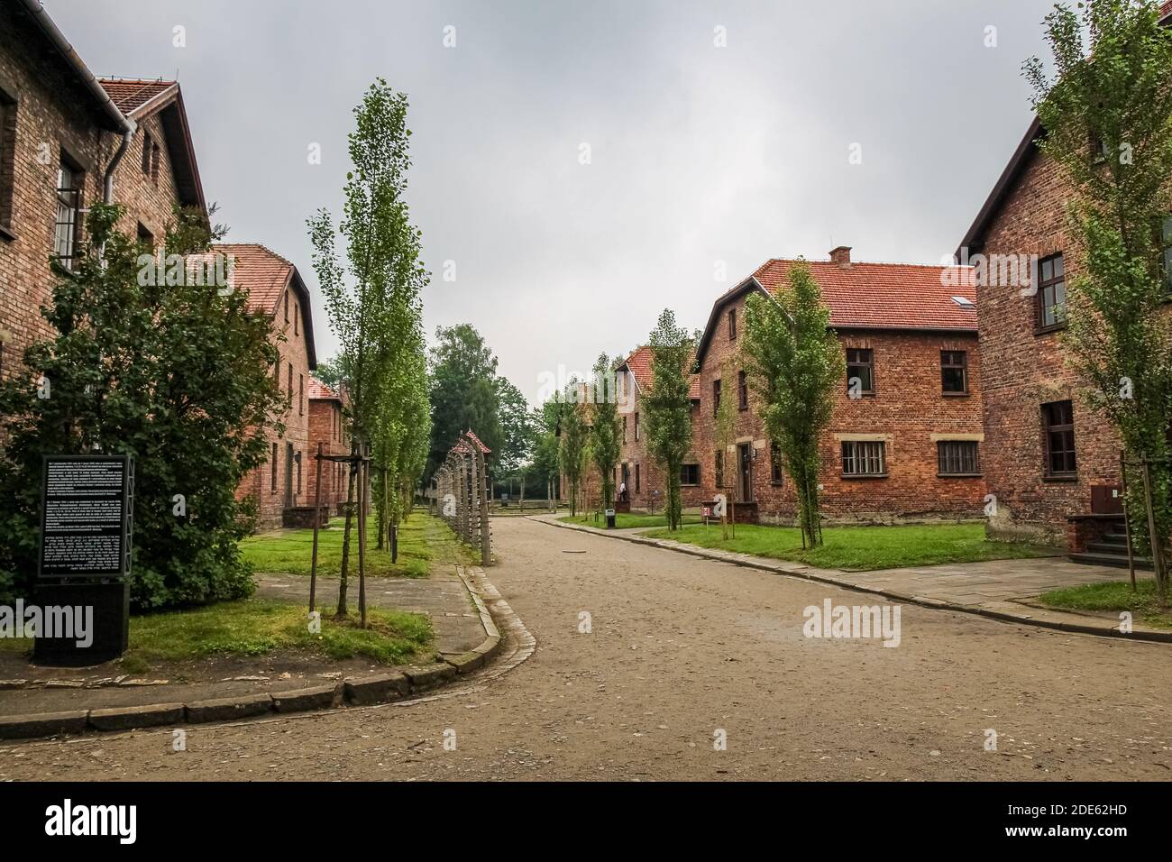 Auschwitz, Poland - July 30th 2018: Red brick barracks inside the ...