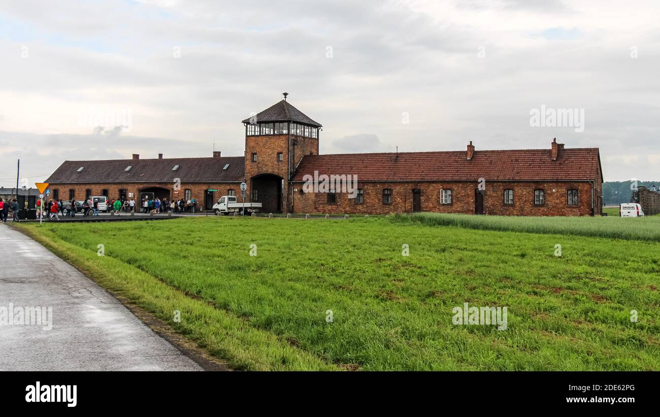 Auschwitz, Poland - July 30th 2018: Auschwitz II-Birkenau gatehouse at ...