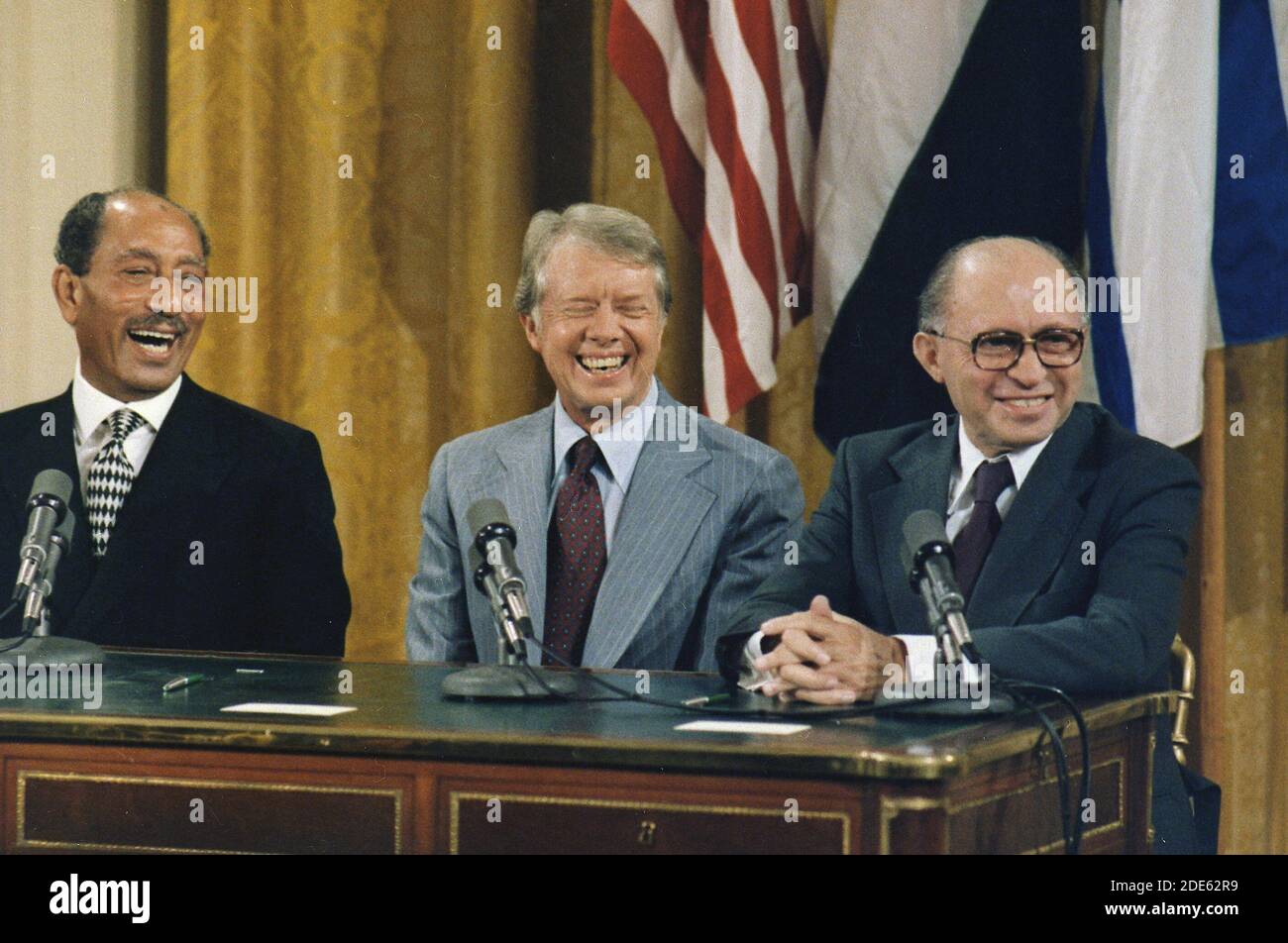 "Anwar Sadat, Jimmy Carter and Menahem Begin at the Camp David Accords ...