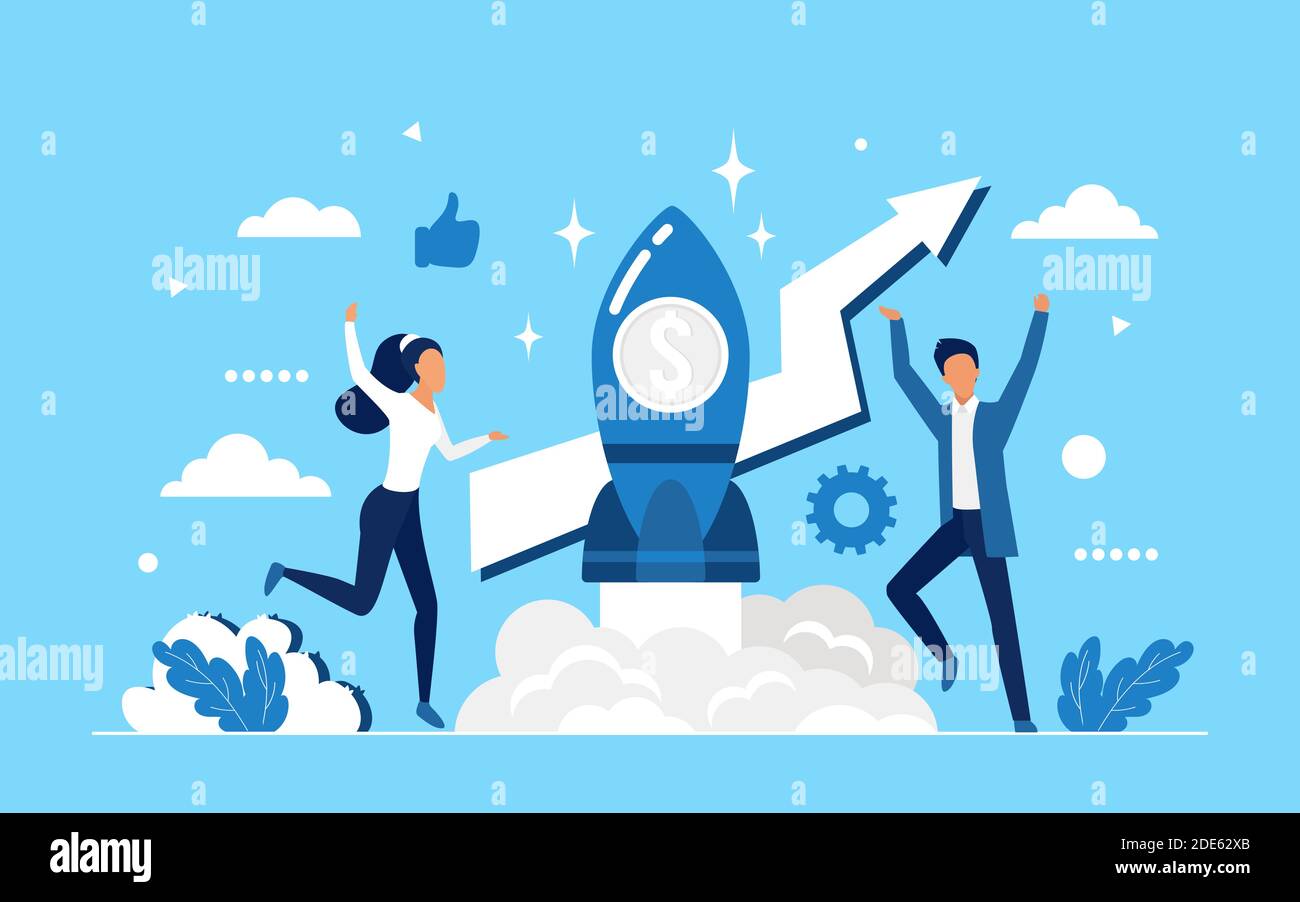 Business startup, success teamwork on launch rocket concept vector ...