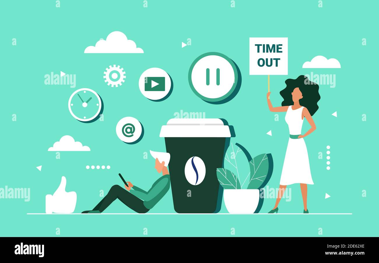 Coffee break concept vector illustration. Cartoon tiny woman character ...