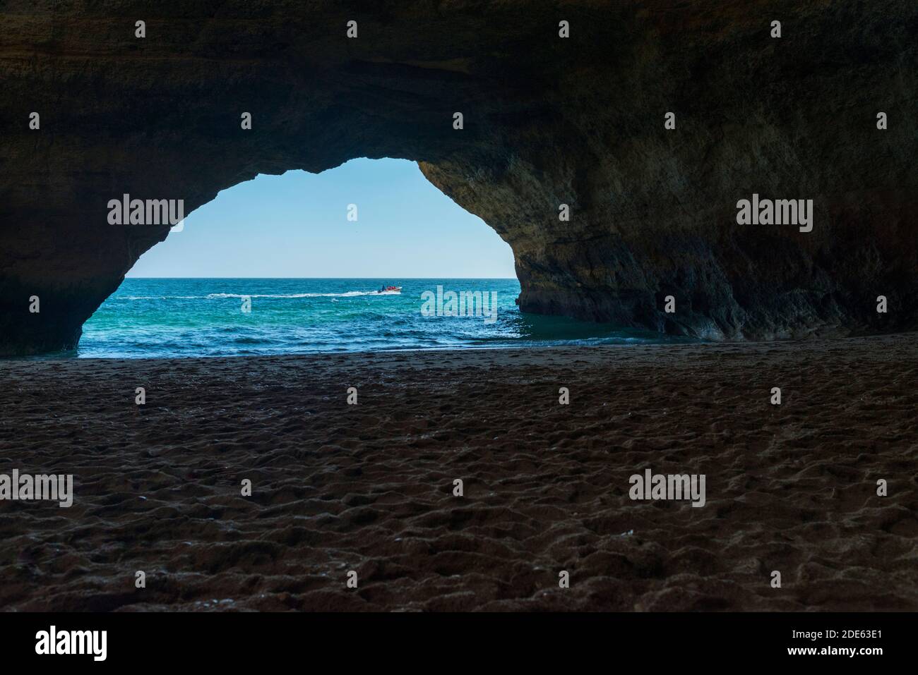 Benagil sea cave, view of sea holes from inside, Algarve, Portugal ...