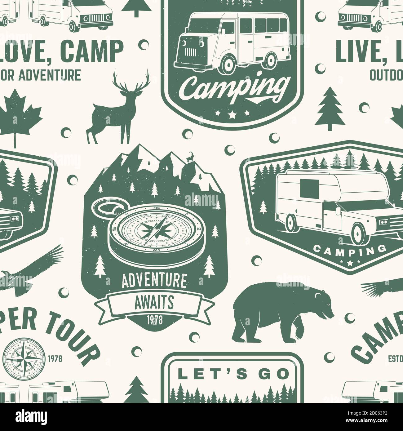 Set of outdoor adventure seamless pattern, background. Vector ...